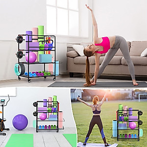 Home Gym Storage Rack, Yoga Mat Storage Racks Workout Storage Weight Rack for Dumbbells Kettlebells Foam Rollers Yoga Strap Resistance Bands, Fitness Equipment with Hooks and Wheels