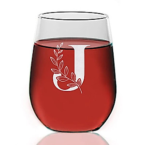 Floral Monogram ' J ' Wine Glass - Letter A-Z Engraved - Stemless Wine Glass - Gifts For Dad - Mother's Day - Gift For Mom - Gifts For Coworkers