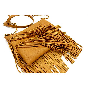 Front and Back Both Side Fringed Soft PU Leather Medium Long Cross Body Messenger Shoulder Bag (Taupe)