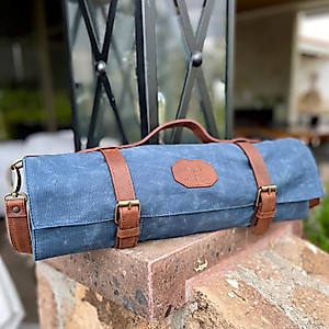 Lynx Soul MARION - LE VOYAGEUR BLEU - Waxed Canvas with Genuine Calf Top Grain Leather - Handmade Professional Chef Knife Storage Roll Bag - 8 Pockets and Zippered Pocket, Blue