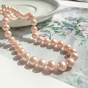 QuakerBrid Freshwater Cultured Pearl Set Jewelry for Women Includes Pearl Bracelet, Stud Earrings and Drop Dangle Earrings High Luster AAA Quality Genuine Round 8.0-9.0mm Pink Pearl Strand Necklace