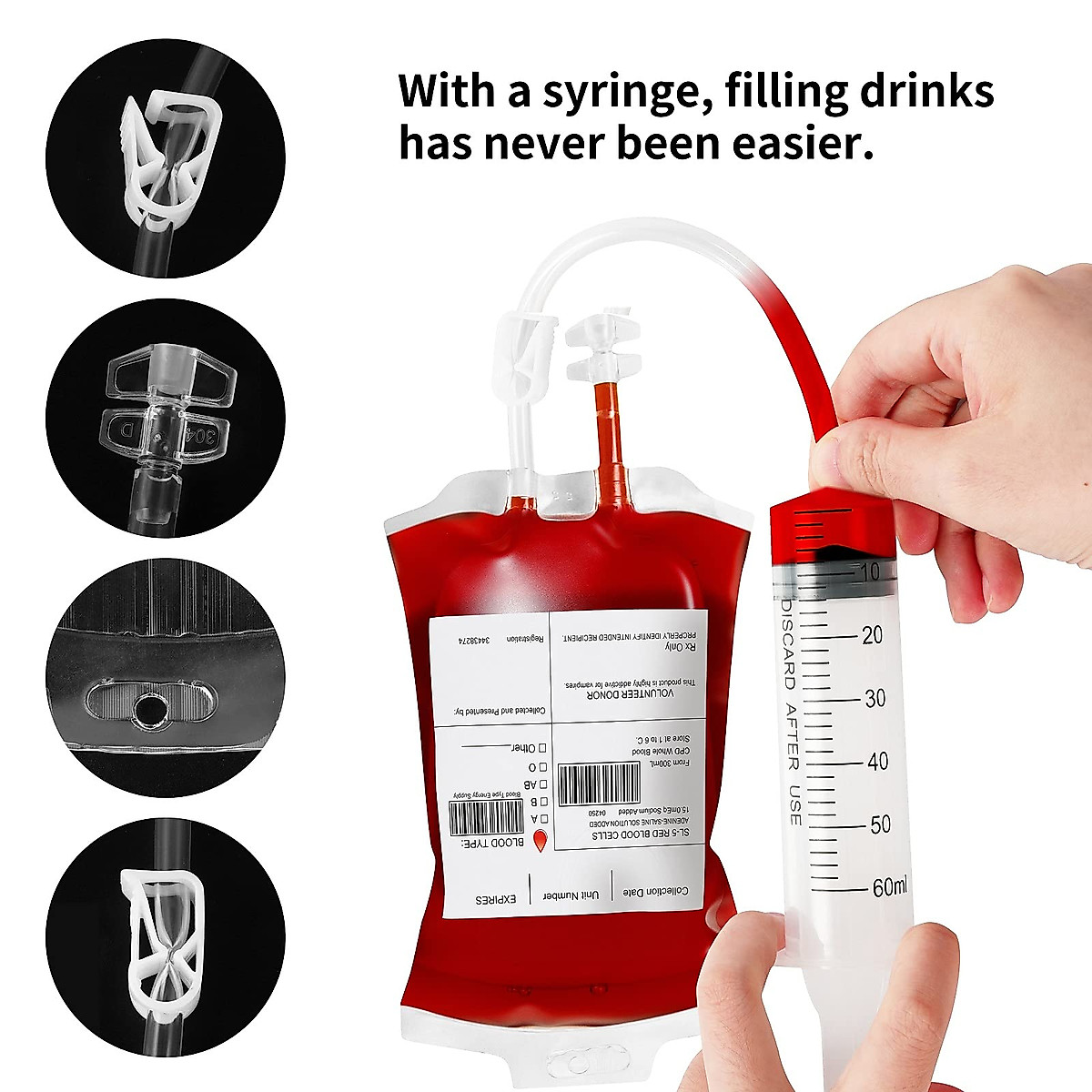 50 Packs Halloween Blood IV Bags for Drinks, Halloween Drinks Pouches Reusable Juice Container for Zombie Theme Carnival Vampire Party Decorations Supplies, 12.6 fl.oz (50pcs Bag, 50 Label,3 Syringes)