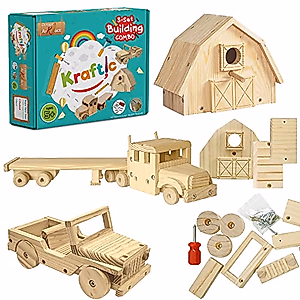 Kraftic Woodworking Building Kit for Kids and Adults, Set of 3 Educational DIY Carpentry Construction Wood Model Kit Toy Projects for Boys and Girls - Off-Road Vehicle, Flatbed Truck, Barn Birdhouse