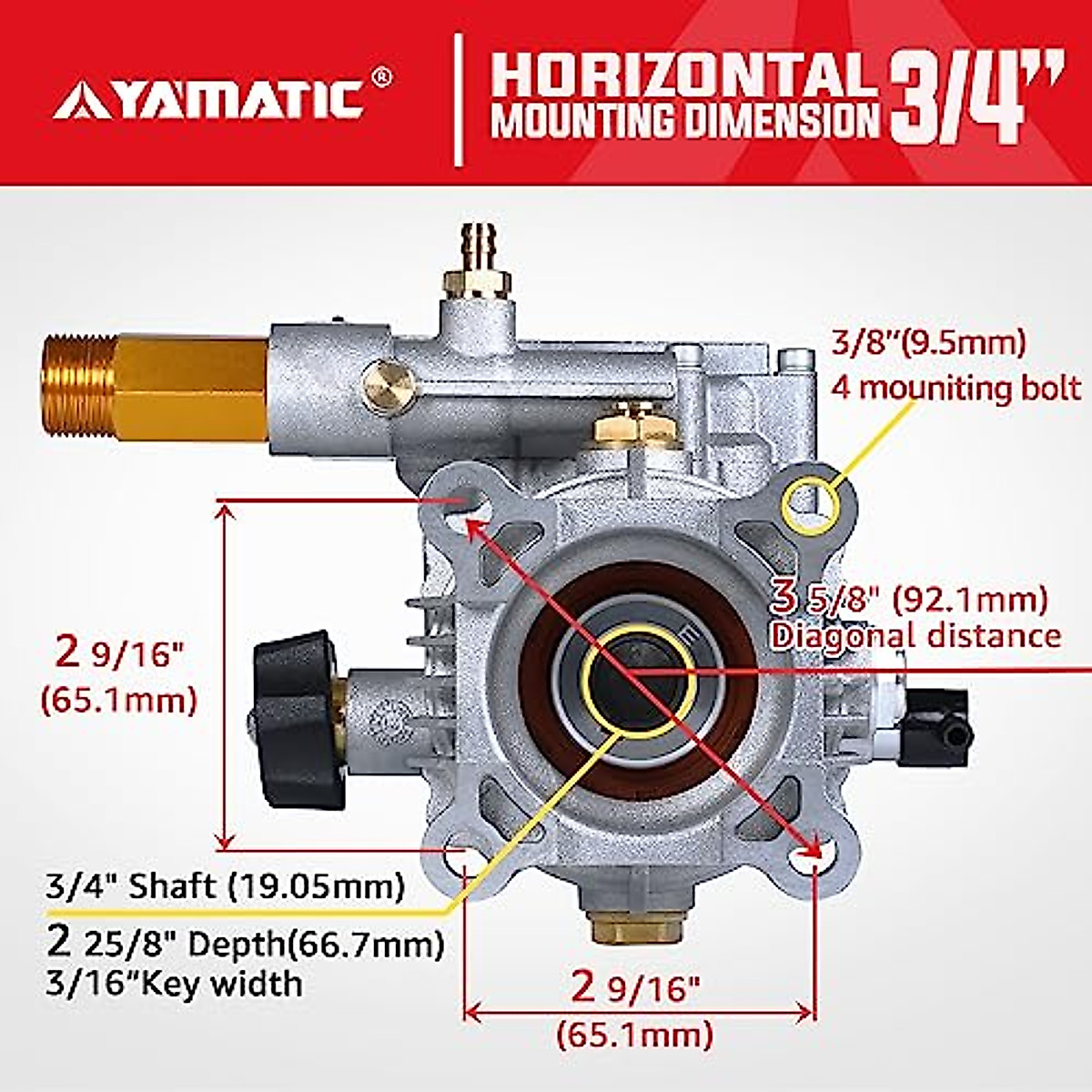 YAMATIC Pressure Washer Pump Horizontal 3/4" Shaft Max 3400 PSI 2.7 GPM Axial Cam Replacement Pump for Power Washers Compatible with Simpson 90029, 90028, Honda GC190,Dewalt dxpw3425 and More
