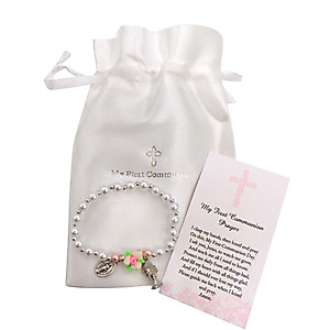 First Communion Rosary Bracelet Rose Stretch Wrist Fashion for Girls with Holy Prayer Card and Bag Gift Set