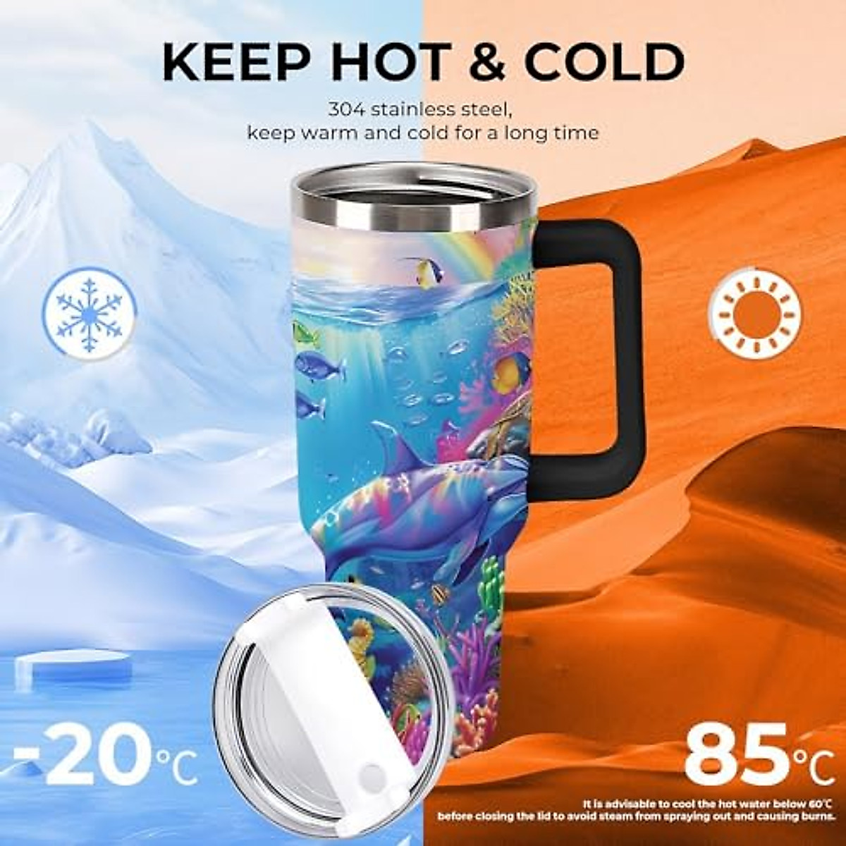 Dolphin 40OZ Tumbler Stainless Steel Travel Mug Water Bottle Car Cup Tea Cups with Lid Black-style