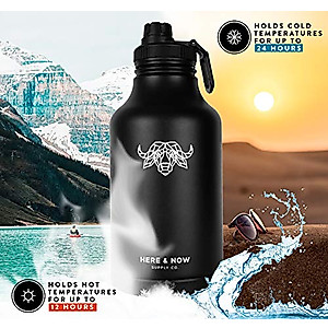 Growler for Beer & Water | 64 oz Double Wall Vacuum Insulated Stainless Steel Thermos Bottle | Jug for Hot & Cold Beverages | Carry Case with Pocket Included | by Here & Now Supply Co. (Black)