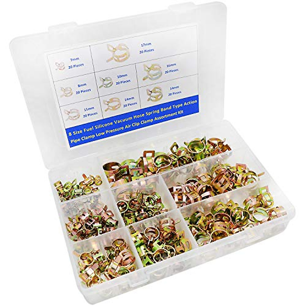8 Size Spring Band Type Action Fuel/Silicone Vacuum Hose Pipe Clamp Low Pressure Air Clip Clamp Assortment Kit -160Pcs(10 x 7mm 8mm 10mm 11mm 12mm 14mm 16mm 17mm) Yellow