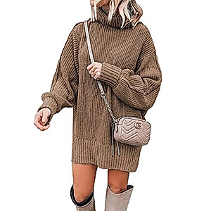 BTFBM Women Fashion Sweater Short Dress Long Sleeve Turtleneck Oversized Fall Winter Soft Chunky Knit Pullover Sweaters(Solid Khaki, Small)