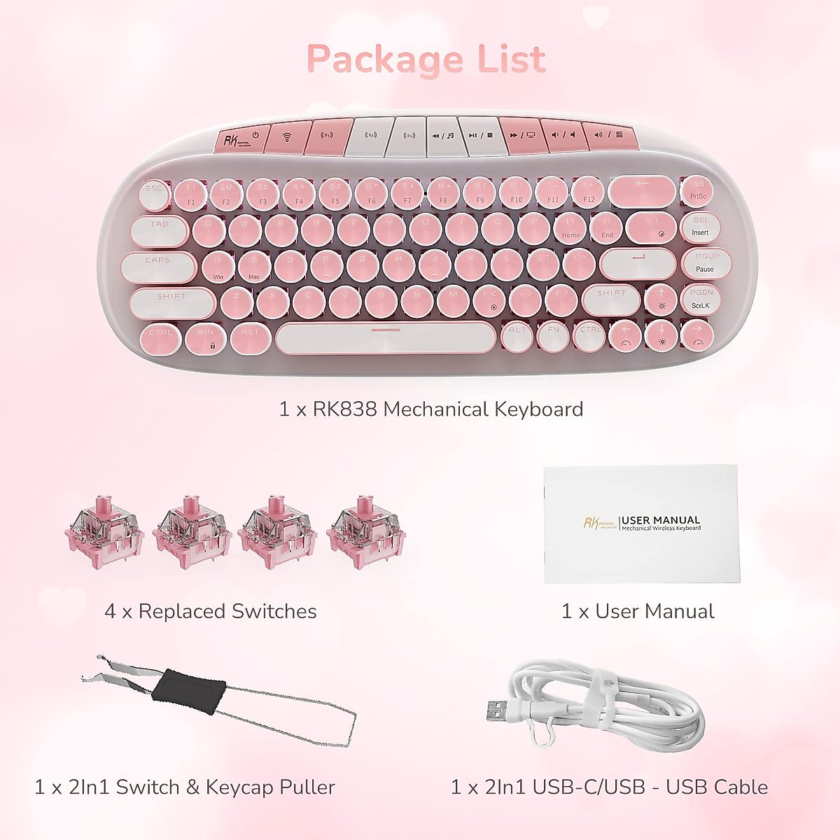 RK ROYAL KLUDGE RK838 Pink Wireless Keyboard, Retro Typewriter Keyboard BT/2.4G/Wired Mode, 75% RGB Hot Swappable Gaming Keyboard with Round Keys 10 Buttons, Pink Switches
