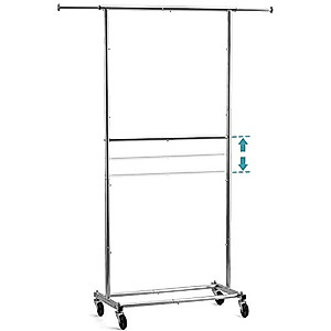 Auledio Expandable Double Rod Clothing Garment Racks On Wheels, Heavy Duty Hanging Clothes Organizer Stand Adjustable Rolling Rack, Chrome