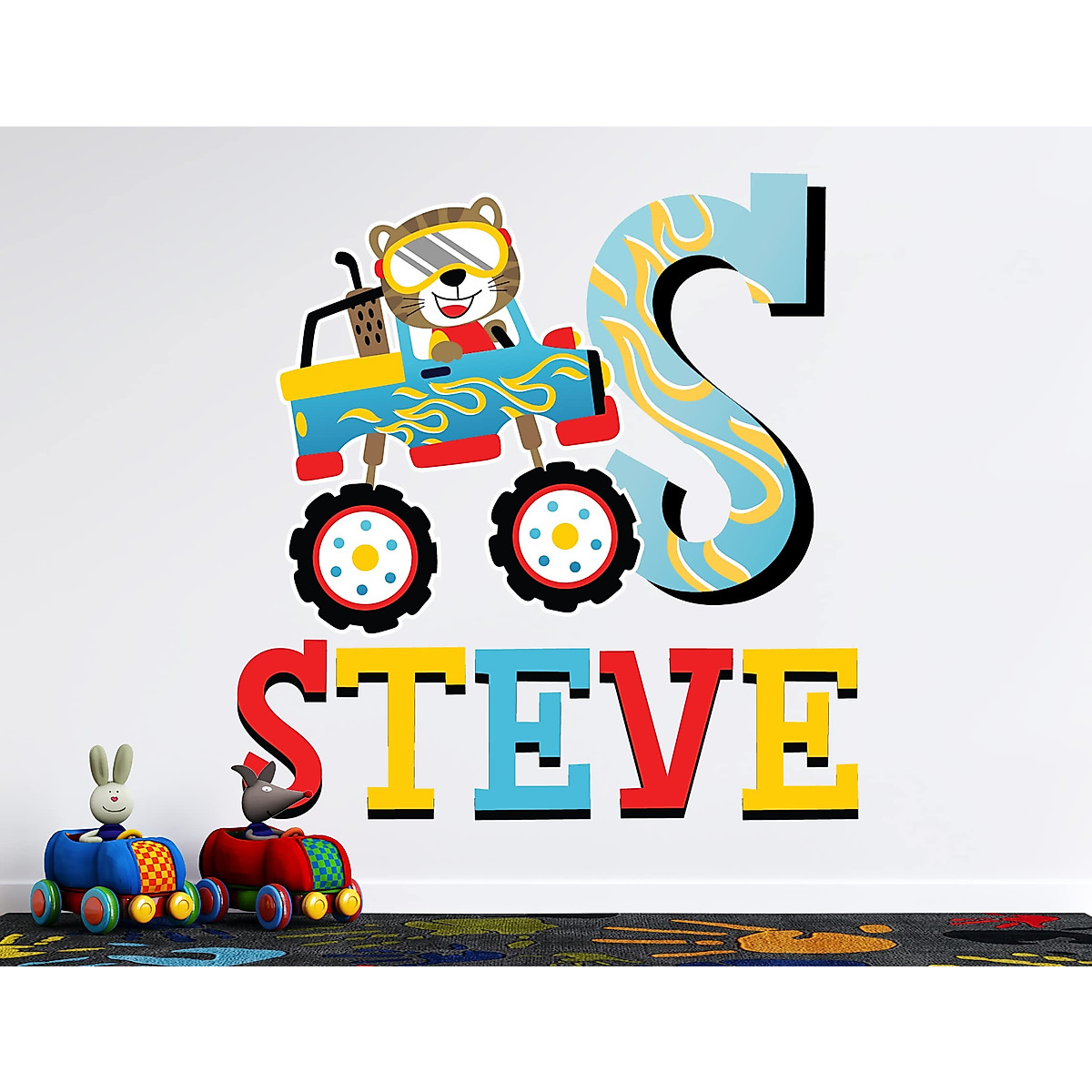 Racing Trucks Wall Decal for Boys Nursery - Personalized Name Stickers Car Wall Decals Bedroom Decor - Monster Truck Wall Sticker for Baby Room - Car Themed Room Decor - Boys Custom Name Wall Decal