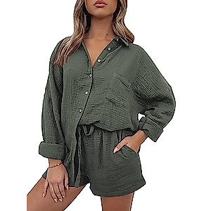 Trendy Queen 2 Piece Outfits Women Lounge Matching Sets Two Piece Linen Shorts Sets 2023 Fall Fashion Outfits Beach Vacation Summer Tracksuit