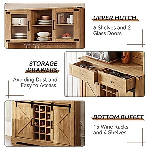ARTPOWER Coffeee Bar Cabinet with Wine&Glass Racks, 72" Hutch Storage Cabinet with Farmhouse Sliding Barn Door, Kitchen Pantry Buffet Cabinet with Drawers for Dining Room, Oak