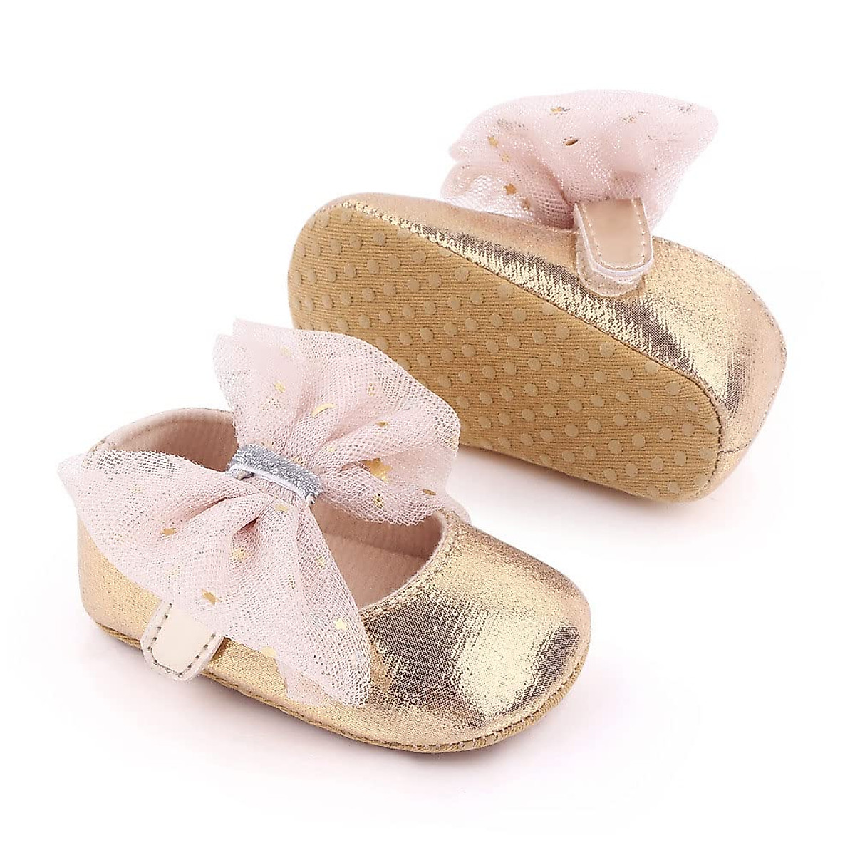 SABATUTU Infant Baby Girls Princess Wedding Dress Mary Jane Flats,Toddler Soft Sole Prewalker Sparkly Lightweight Shoes (a13/Gold, 6-12months)
