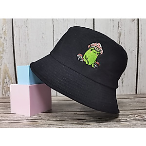Enodtter Frog with Mushroom Embroidered Bucket Hat for Men Women Girl, Black Summer Travel Fisherman Beach Sun Hat Embroidery Outdoor Cap Unisex