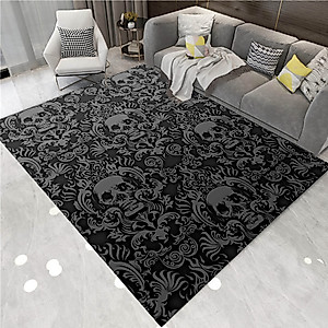 Vintage Black Gothic Skull Area Rugs Home Decor Halloween Rug Non Slip Soft Carpet Throw Rugs Floor Carpet Goth Decor Witch Wiccan Decor for Living Room Bedroom 5'x7'