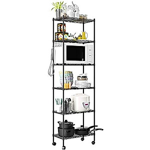 NATRKE 6-Tier Storage Shelf Wire Shelving Unit, Adjustable Heavy Duty Storage Shelves for Kitchen Organization, with Leveling Feet and Lockable Wheels, Black (21.26 Lx12 Wx69 H)