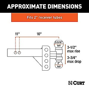 CURT 45903 Slim Adjustable Trailer Hitch Ball Mount, Fits 2-Inch Receiver, 3-3/4-In Drop, 2 or 2-5/16-Inch Balls, 10,000 Pounds, Black