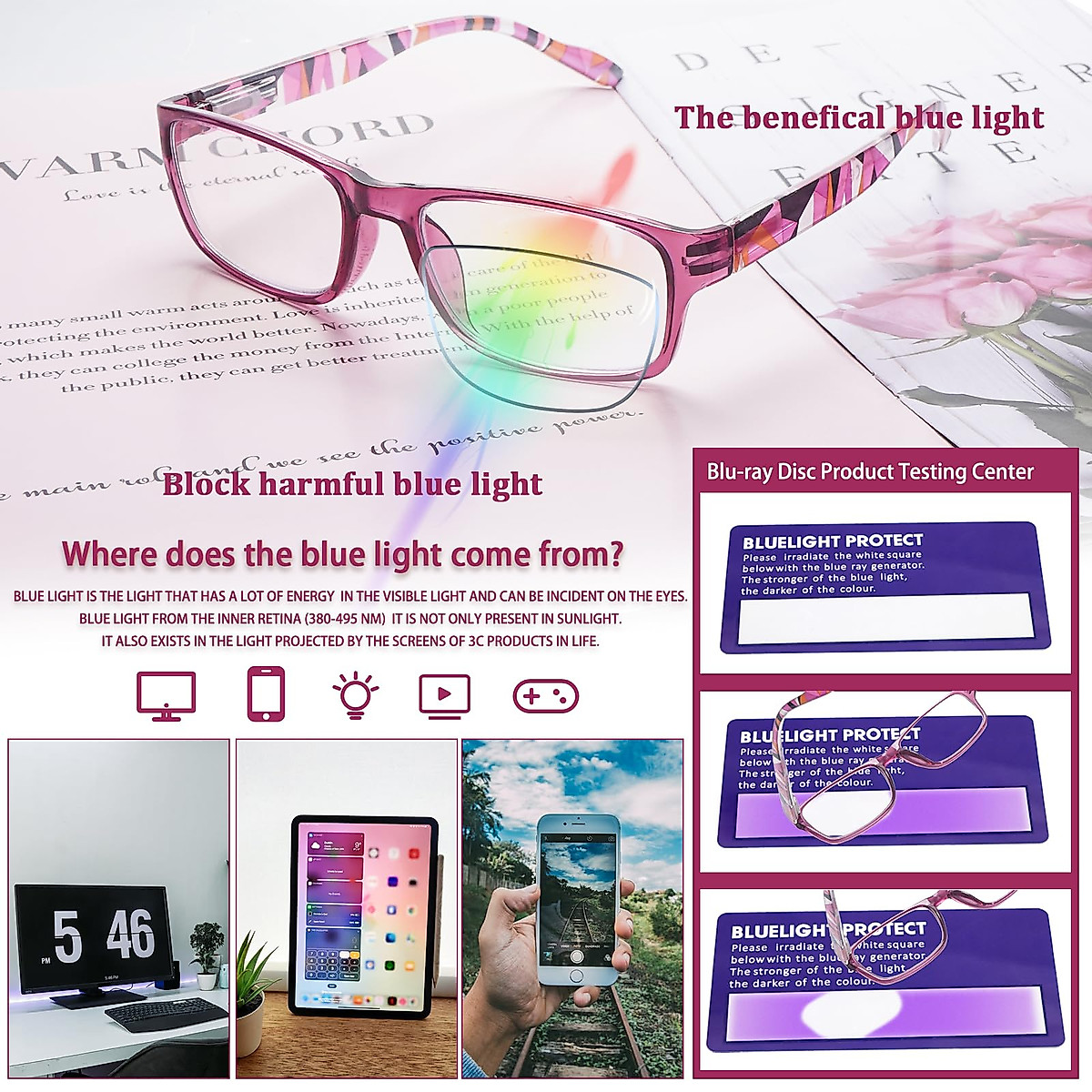 BONCAMOR 6 Pack Stylish Reading Glasses for Women Men Blue Light Blocking Square Spring Hinges Computer Readers (6 Mix-3, 2, diopters)