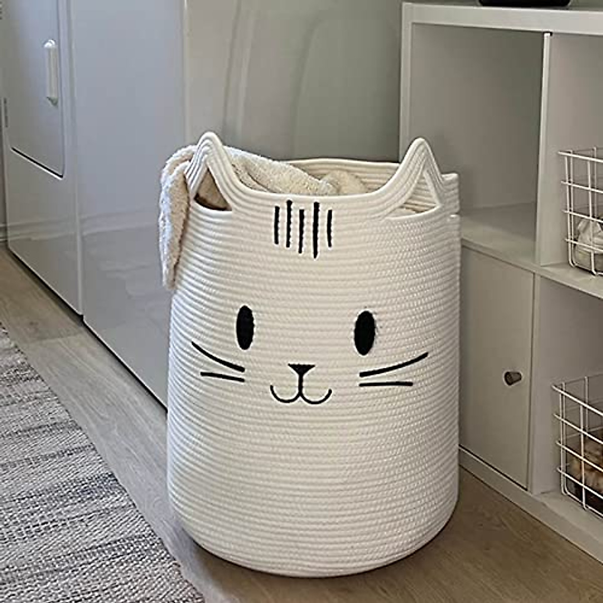 INDRESSME Cute Baby Laundry Basket, Tall Nursery Hamper for Clothes, Towels, Blankets, Kids Toy Storage Basket for Living Room, Bedroom, Cat Basket for Playroom, 16 x 20 inches, White