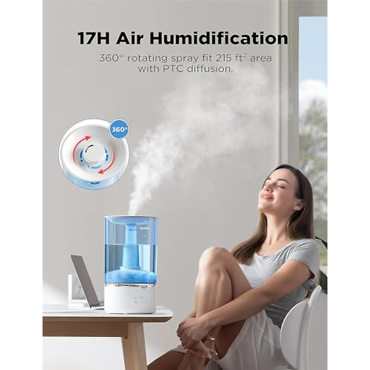 Pelonis Warm and Cool Mist Humidifiers for Bedroom Large Room Home and Baby | Ultrasonic Cool and Warm Mist Humidifier for Plants | Essential Oil Diffuser|4L Tank| Night Light| White