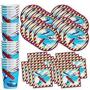 Airplane Birthday Party Supplies Set Plates Napkins Cups Tableware Kit for 16