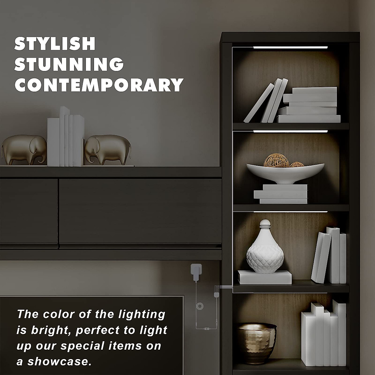 JUSJUBR 4-Pack Cold White Display Shelf Lights, Under Shelf Lighting with Memory Function, 12 Inch 6000K Plug-in Bookshelf Lighting, LED Cabinet Lights for Display Case/Pantry/Closet/Safe