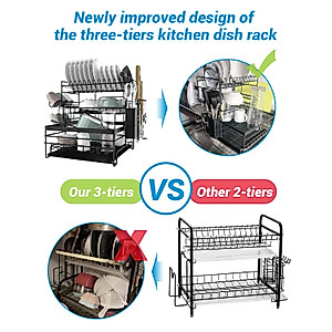 3 Tier Dish Drainer Rack for Kitchen Counter, Large Capacity Dish Drying Rack with Drainboard,Cup Holder,Cutting Board Rack and Cutlery Holder,Detachable Stainless Steel Dish Drying Rack for Kitchen