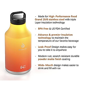 IDEUS Insulated Stainless Steel Water Bottle with 2 Leak-Proof Lids, Thermal Water Flask for Hiking Biking, 64oz, Yellow