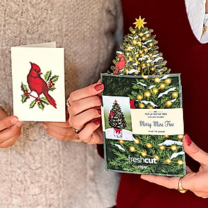 Freshcut Paper Pop Up Cards, Merry Mini Tree, 7 inch Mini Sized Paper Christmas Tree 3D Popup Greeting Cards, Christmas Card, Holiday Card, Blank Notecards & Envelopes, Pack of 5