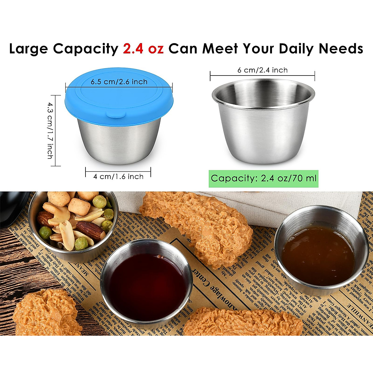 Victhur Salad Dressing Container To Go, 6 Pieces 2.4oz 304 Stainless Steel Sauce Containers with Silicone Lids for Snacks, Dipping Sauce