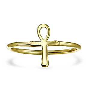 Minimalist 14K Gold Plated .925 Sterling Silver Midi Knuckle 1MM Band Stackable Ankh Cross Egyptian Symbol Of Life Ring