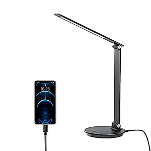 MONGERY LED Desk Lamp with USB Charging Port, Touch Control Dimmable Office Lamp, 5 Color Modes 6 Brightness Levels Eye-Caring Table Lamp for Home Office Bedroom Reading Study, Black