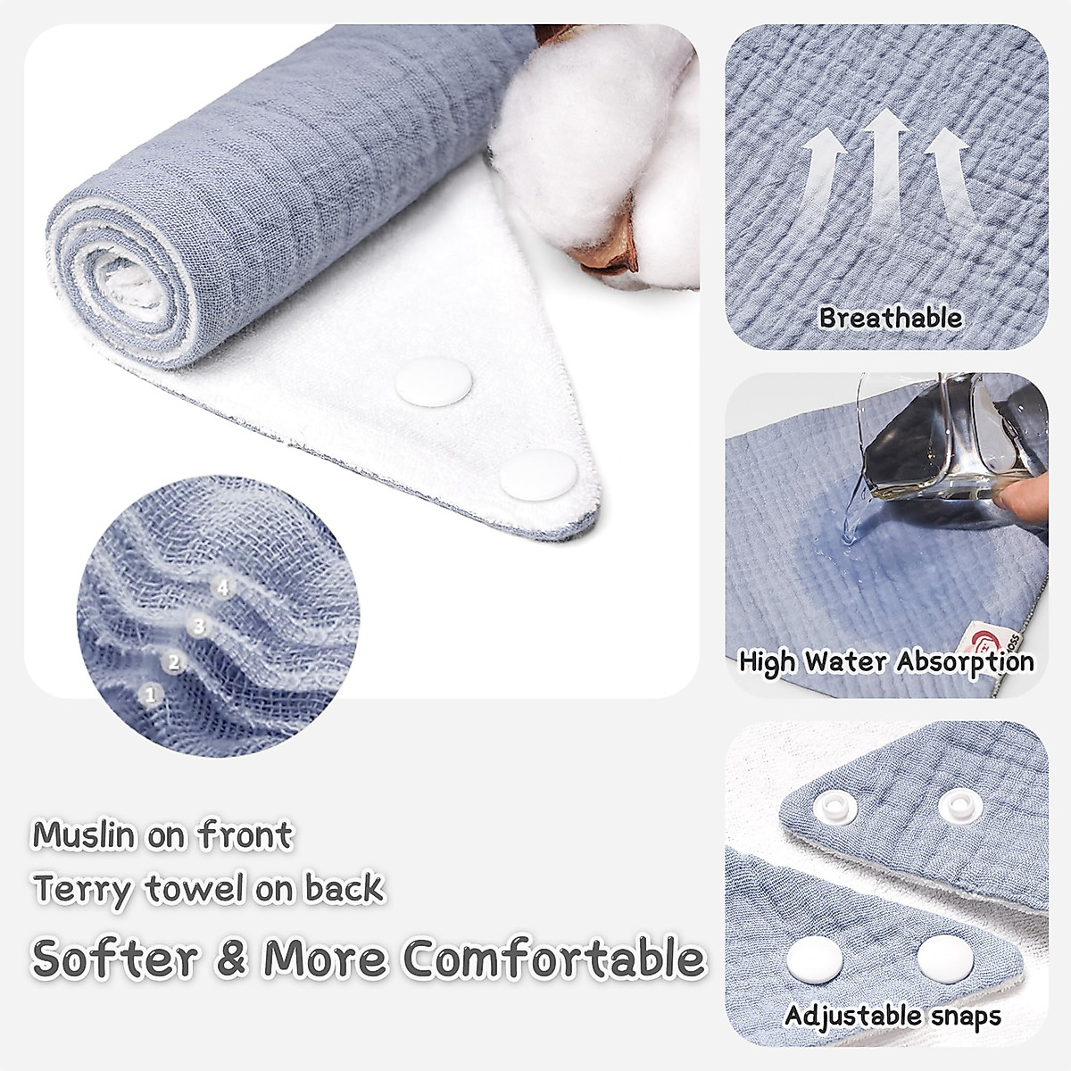 Bearmoss Muslin Baby Bibs 8 Pack 100% Cotton Baby Bandana Drool Bibs for Unisex Baby Girls Boys Drooling and Teething (Mint Iceberg)