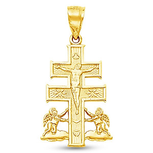 Sonia Jewels 14K Yellow Gold Ornate Religious Catholic Caravaca Crucifix Cross Charm Pendant with Cherub Angel Accents (28x15 mm)