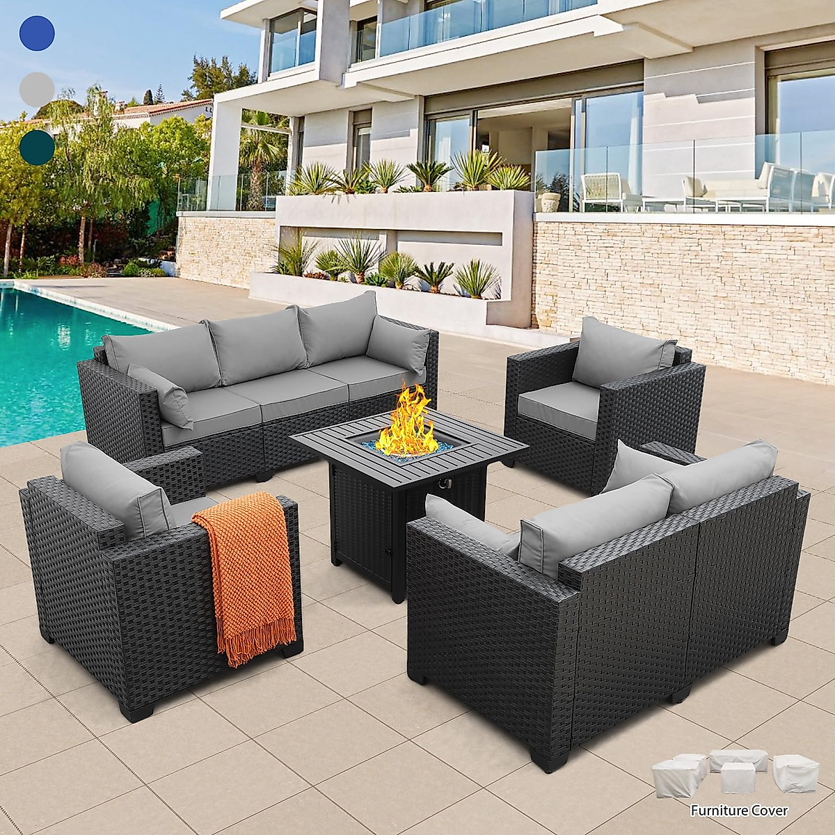 Patio Furniture Sectional Sofa 5-Piece 50000 BTU Propane Gas Fire Pit Outdoor Wicker Furniture Set Square Steel Pit Table Grille Tabletop with No-Slip Cushions Furniture Covers, Light Grey