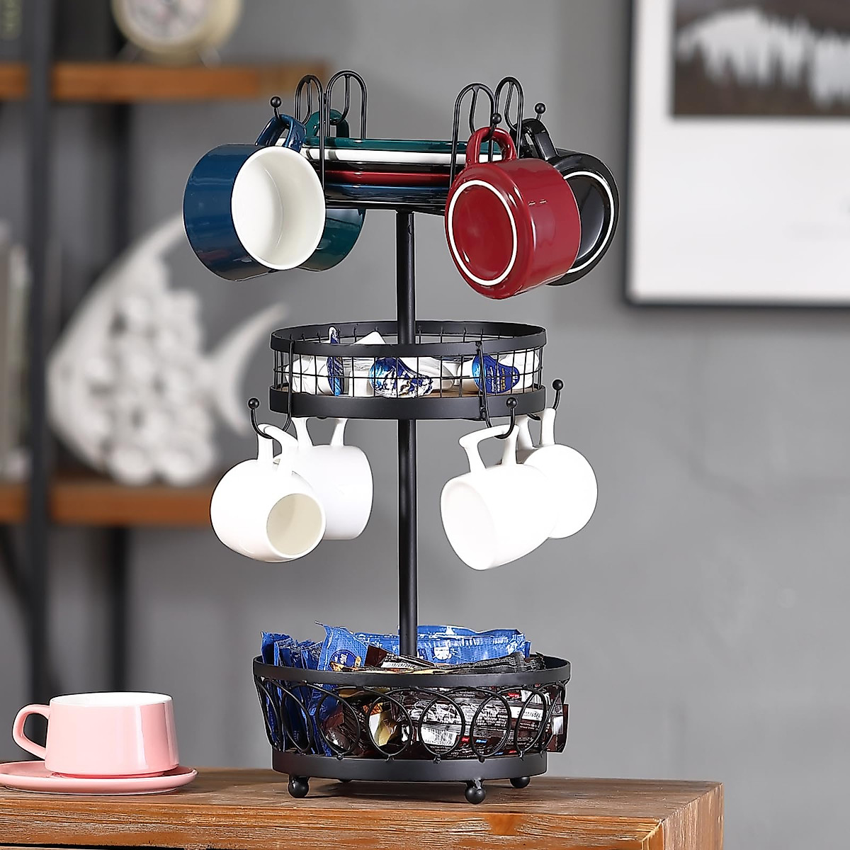 Coffee Cup Tree Coffee Mug Holder Tree Stand 4 Tiers Coffee Cup Stand with 12 Mug Hooks Mug Rack Countertop with Storage Basket Coffee Mug Tree for Counter with Wooden Handle Perfect for Bar Kitchen