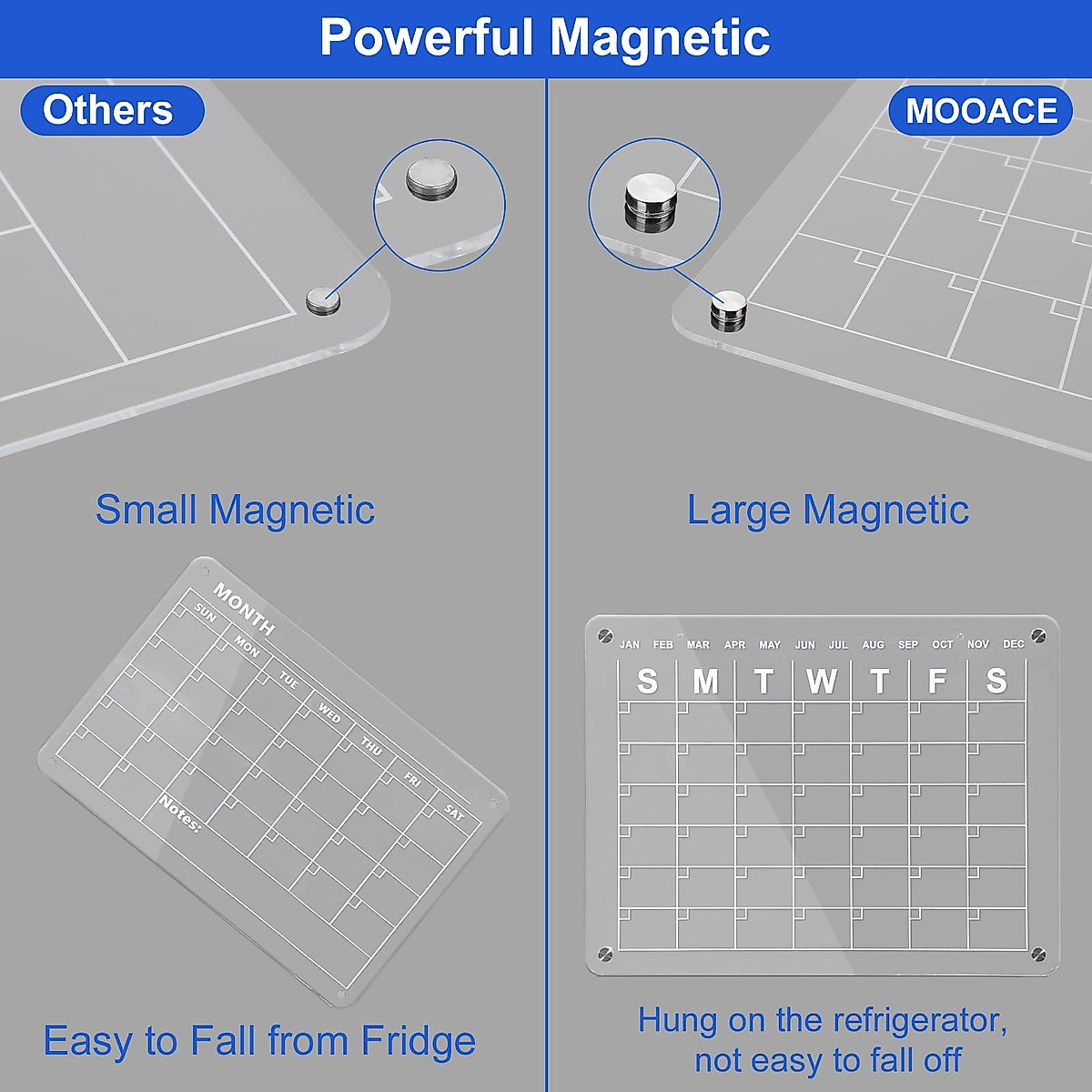 Acrylic Magnetic Dry Erase Board,MOOACE Adhesive Calendar Planner Board for Fridge and Wall Set of 2,Includes 6 Magnetic Markers with 3 Colors,Pen Holder,Clean Cloth and Self Adhesive Wall Hooks