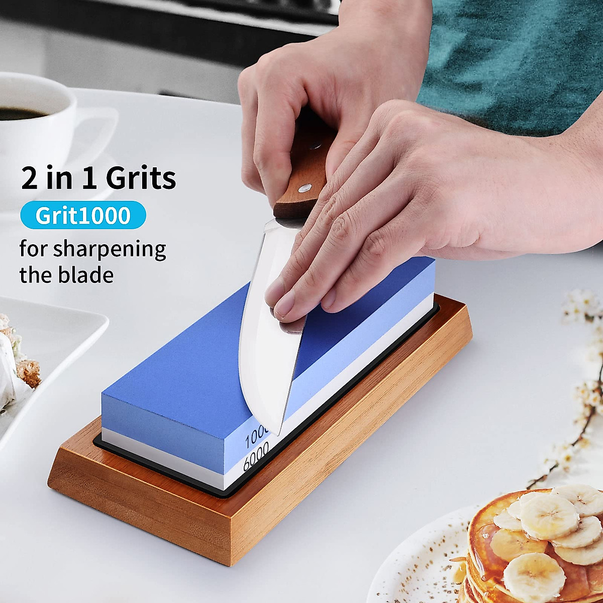 Whetstone Sharpening Stone Knife Sharpener, 2 Side 1000/6000 Grit Knife Sharpening Wet Stone Tool Kit for Kitchen Hunting, Non-Slip Bamboo Base Angle Guide Sharpening Stones for Knives