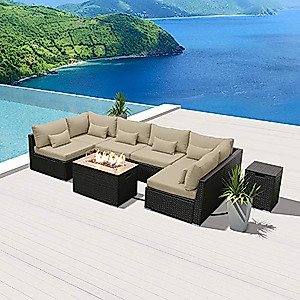Sun peak Fire Table Set Sectional Outdoor Furniture Propane Firepit Dark Brown Rattan Multi Colors Outdoor Sofa Set (Light Beige Rectangular Table)