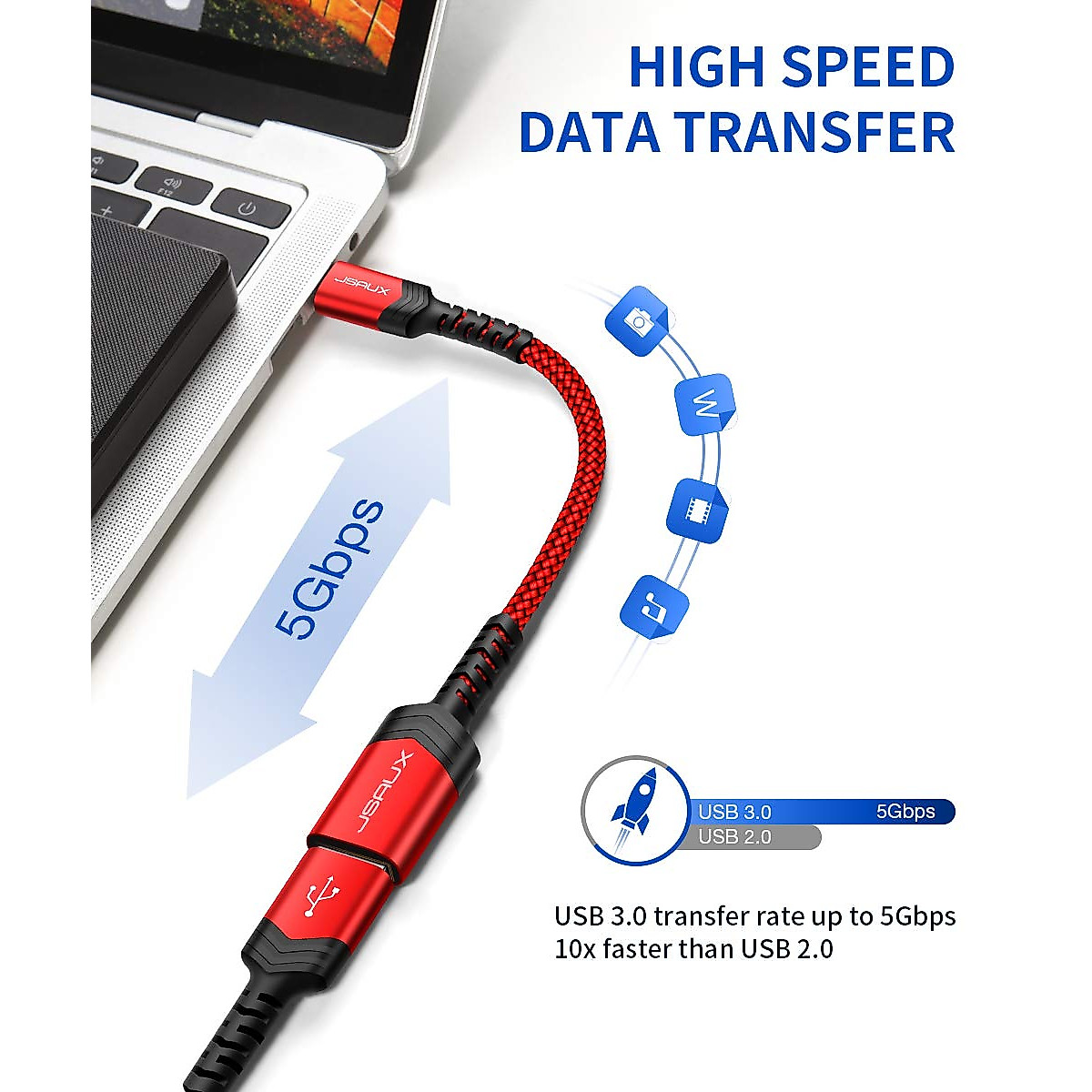 JSAUX USB C to USB Adapter, [0.5ft 2 Pack] Type C 3.0 OTG Cable On The Go Type C Male to USB A Female Adapter Compatible with MacBook Pro 2018 2017,Samsung Galaxy S20 S20+ Ultra S8 S9 Note 10 -Red