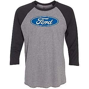 Mens 3/4 Sleeve FORD OVAL Raglan Sporty Tee Shirt - Premium Heather Grey/Vintage Black, Large
