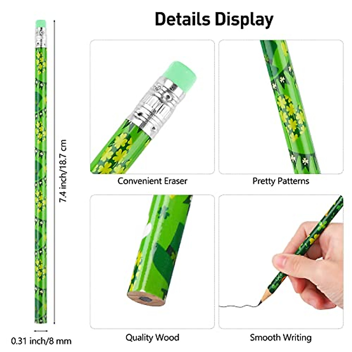 ADXCO 36 Pieces St Patrick's Day Pencils Green Shamrock Pencils with Erasers and Pencil Bucket Irish Pencils for St. Patrick's Party Favors Supplies, School, Classroom, 12 Styles