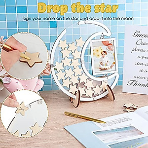 60 Pieces Moon Guest Book with Wood Star Cutouts Baby Shower Guest Book Alternative Guest Books with Photo Frame for Baby Shower Wedding Boys Girls Birthday Parties Keepsake (Clear, 8.3 x 9 Inch)