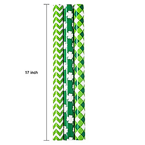 Packanewly Wrapping Paper Roll for St. Patrick Day - 17 inch x 120 inch (3-Pack, 42.3 sq.ft.ttl.) Mini Roll - Green Color Design with Geometry, Four-leaf Clovers，Wave