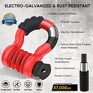 TICONN 2 Pack D Ring Shackle with 7/8" Screw Pin 57,000Ibs Break Strength, 3/4" Heavy Duty Shackles with Isolator & Washers for Tow Strap Winch Off Road Vehicle Recovery (Red/Black2)