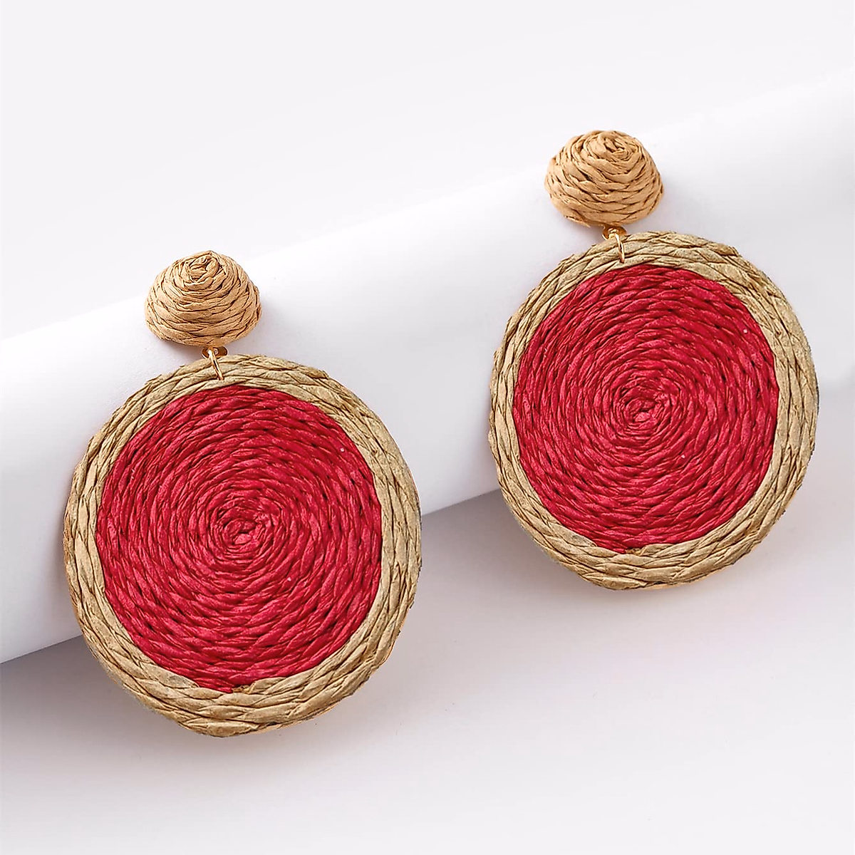 Rattan Earrings Boho Summer Beach Hand Woven Round Rattan Plaited Articles Drop Earrings for Women Handmade Rattan Ball Disc Dangle Earrings Vacation Accessory Gifts-Red