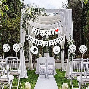 Just Married Car Decorations, JUST MARRIED Banner Wedding Bunting, Mr and Mrs Balloons, White Wedding Balloons, Rustic Wedding Backdrops for reception, Photo Booth Props Bridal Shower Decoration
