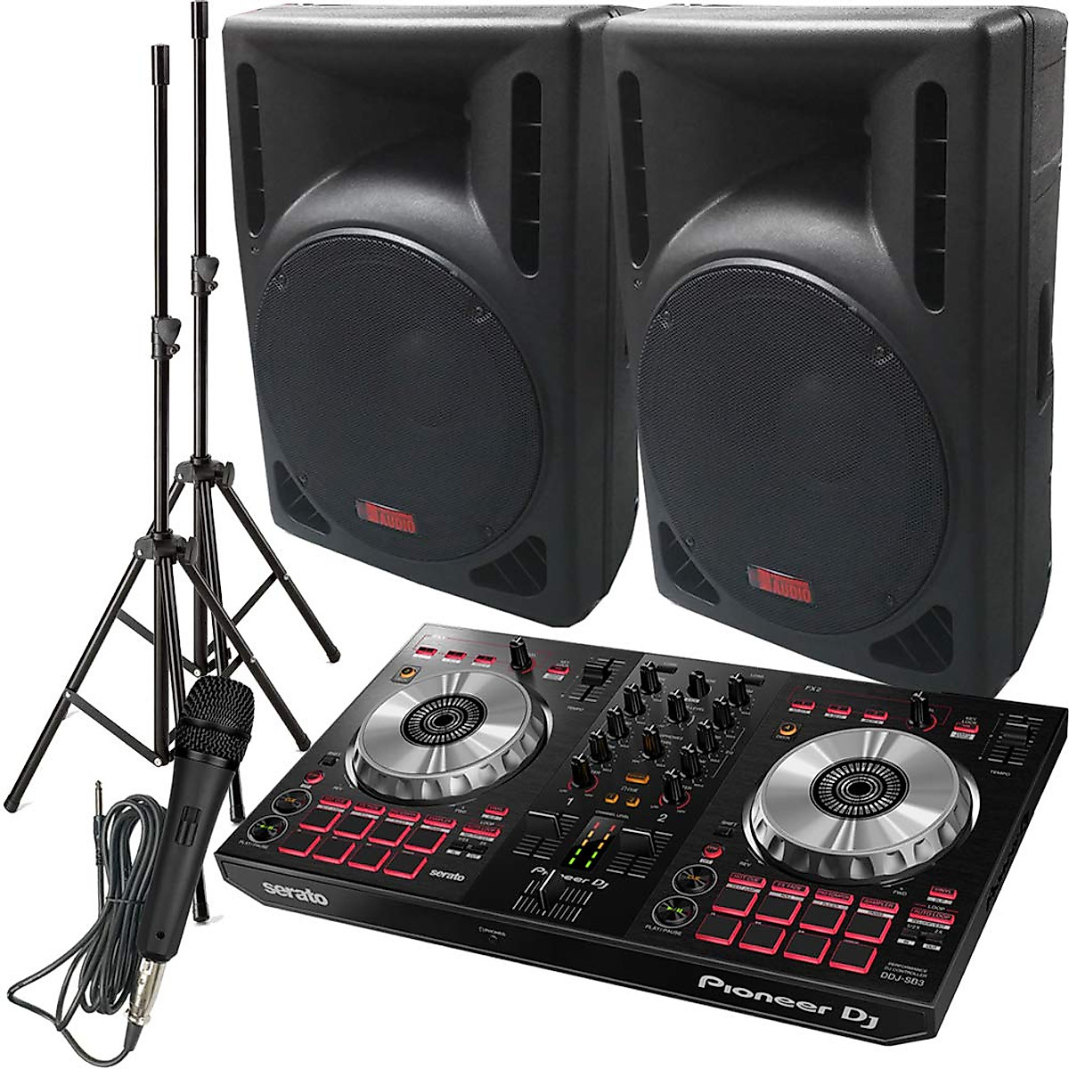 DJ System - Serato DDJ Controller w/Serato DJ Lite Software - 2400 Watts of Powered DJ Speakers w/Stands and Mic